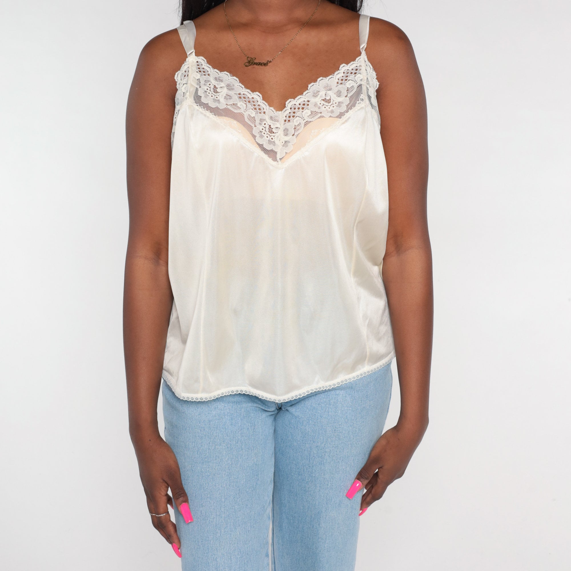 Lace Trim Camisole 80s Off-white Cami Top Lingerie Tank Top - Etsy