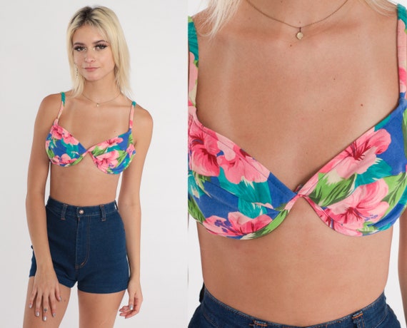 Tropical Floral Bikini Top 80s Swimsuit Baywatch Bath… Gem