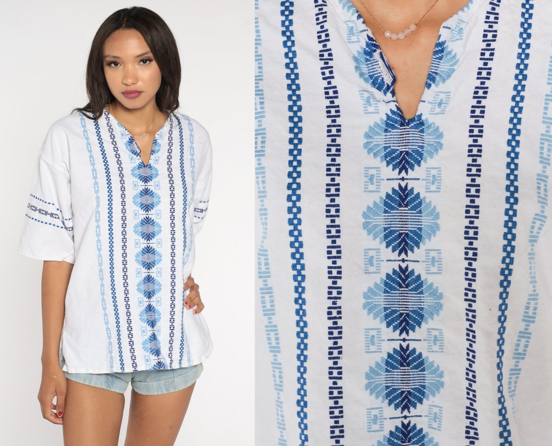 Aztec Embroidered Top 90s Hippie Shirt White Guatemalan Embroidery ...