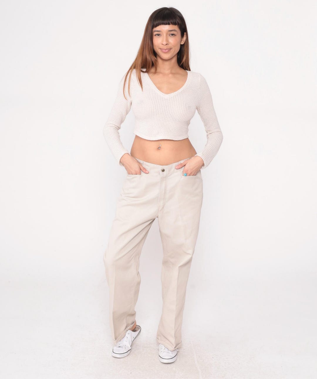 Ben Davis Pants Y2K Baggy Wide Leg Cream Beige Low Rise Straight Leg ...