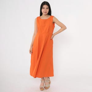 Vintage Orange Sleeveless Midi Dress 80s Button Back Fit and Flare A ...