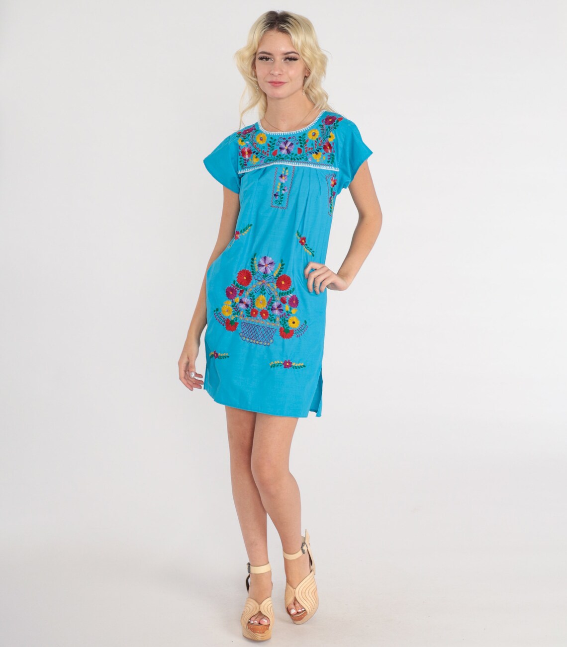 Blue Mexican Dress 90s Floral Embroidered Mini Dress Turquoise Flower ...