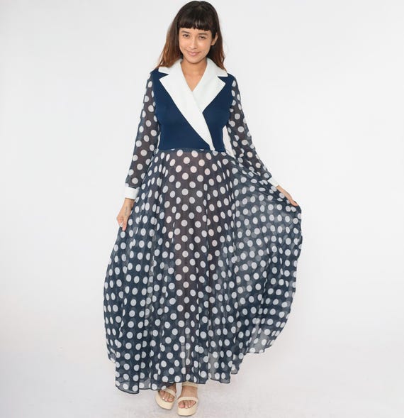 70s Polka Dot Maxi Dress Long Mod Faux Wrap Dark Blue… - Gem