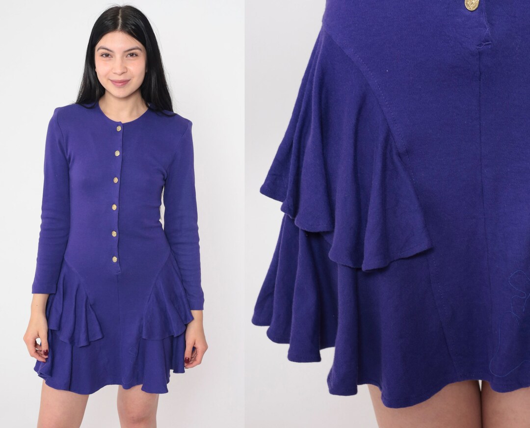 Purple Mini Dress 90s Button up Dress Long Sleeve Ruffle Flounce Drop ...