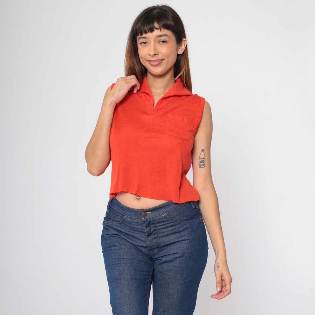 70s Crop Top Bright Red Retro Shirt V Neck Collared Top Raw Hem Chest ...