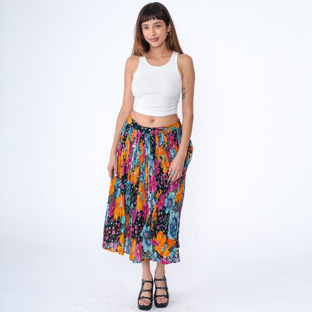 Floral Broomstick Skirt 90s Polka Dot Orange Black Fuchsia Boho Hippie ...