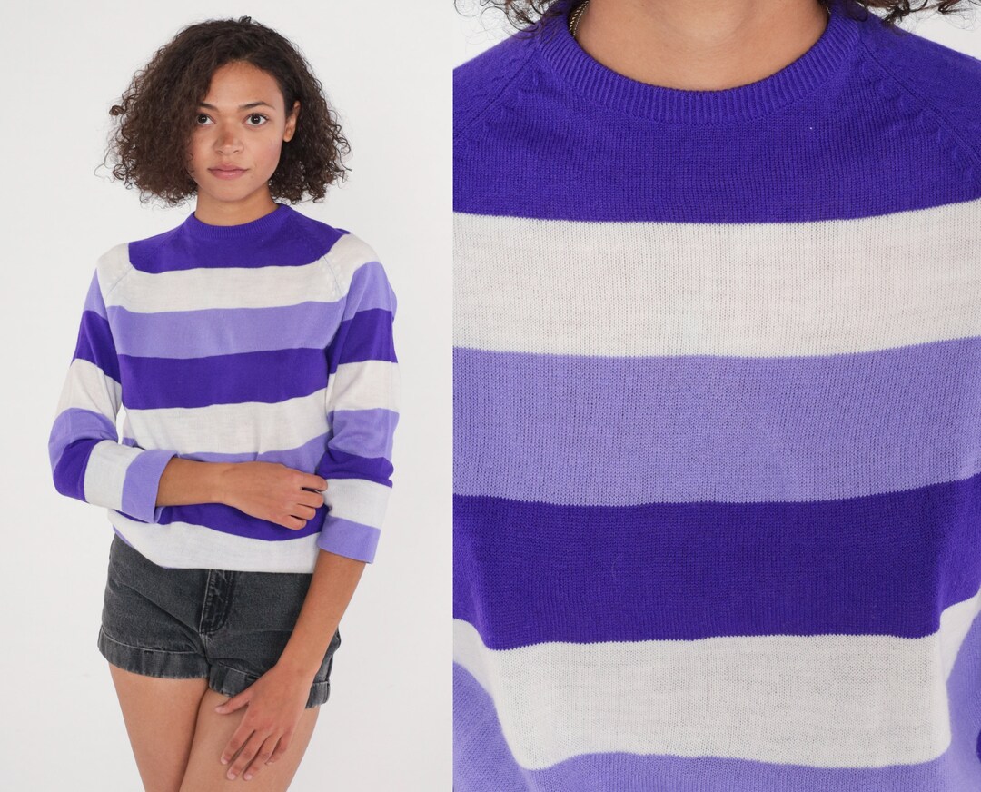 Striped Sweater Top 70s Knit Shirt Purple Lavender White Raglan Sleeve ...