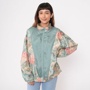 Floral Windbreaker Jacket 90s Sage Green Baroque Rococo Rose Print Retro Jacket Pink Cream ...