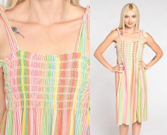 Rainbow Terry Cloth Dress 70s Striped Mini Dress Smoc… - Gem