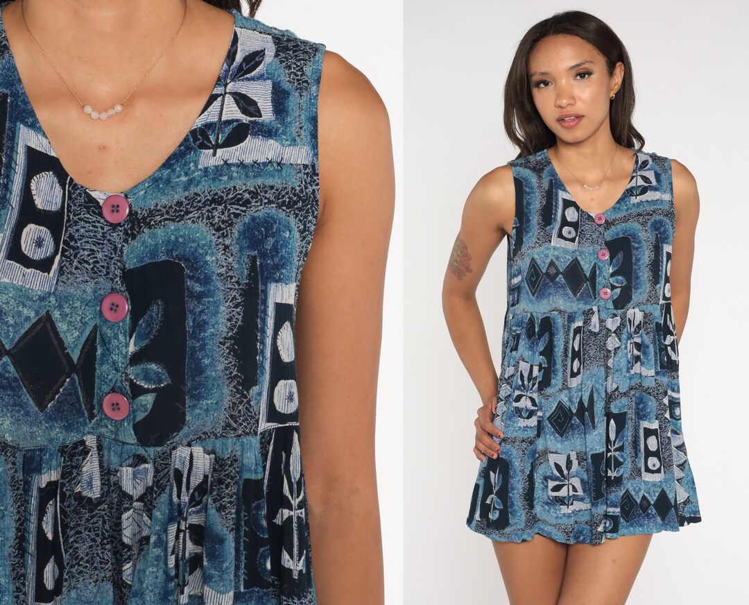 Babydoll Dress 90s Mini Dress Blue Abstract Geometric Print Empire ...