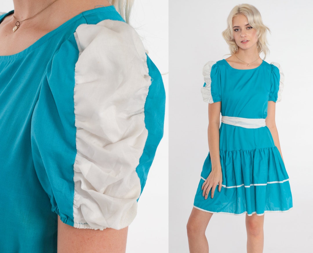 80s Prairie Dress Blue Mini Dress Puff Sleeve Tiered Full Skirt Square ...