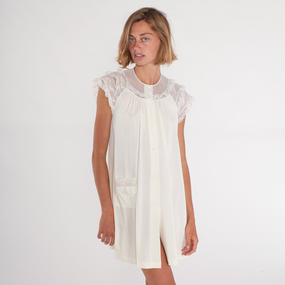 White Nightie 70s Nightgown Button up Mini Pajama Dress Ruffled Lace ...
