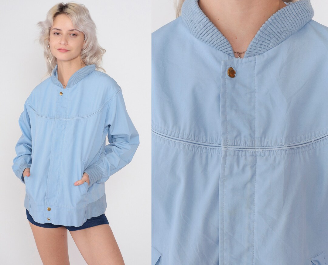 Baby Blue Bomber Jacket 80s Windbreaker Retro Zip up Baseball Jacket ...