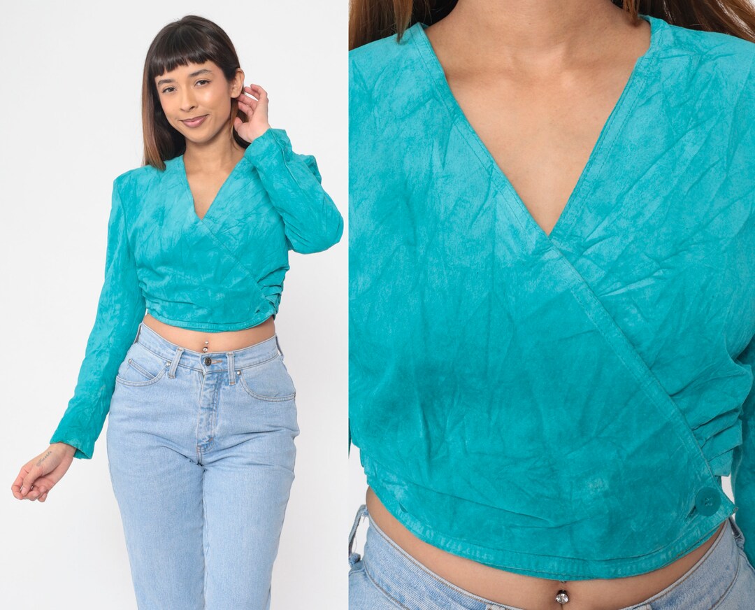 Cropped Suede Jacket 90s Turquoise Blue Leather Crop Top Button up Wrap Jacket Retro Boho Hippie ...