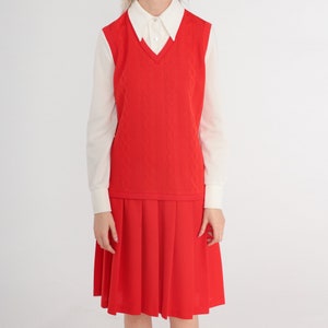 Pleated Mod Dress Red 60s 70s Scooter Dress Cable Knit Vest Nerdy Shift ...