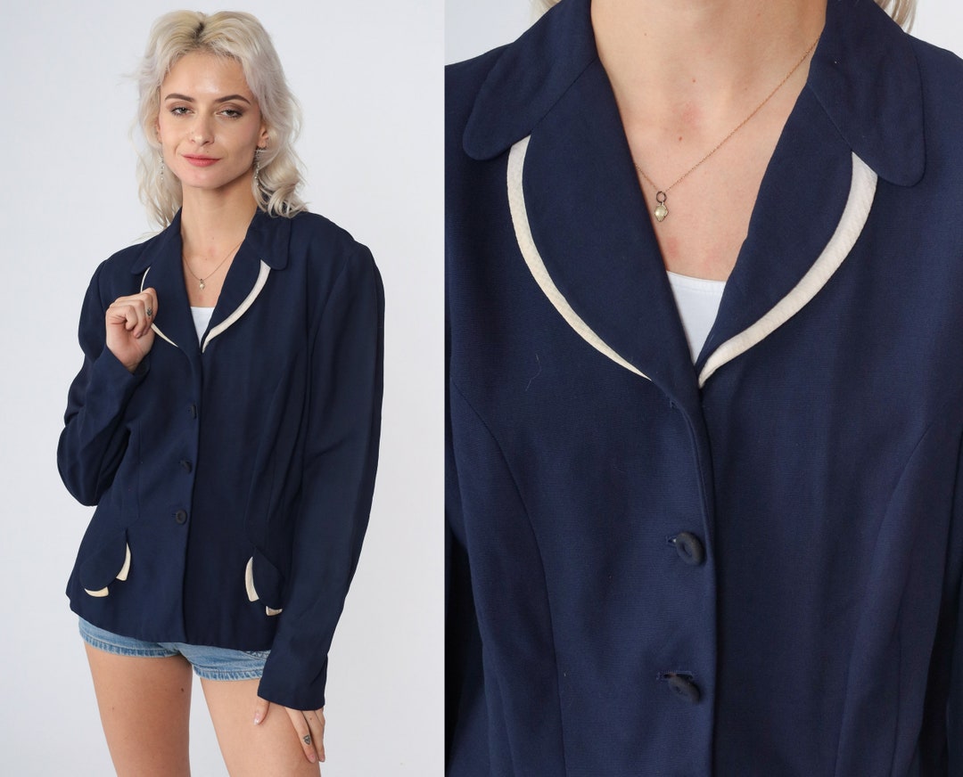 1940s Blazer Jacket Navy Blue Button up Jacket Wool Gabardine Coat ...