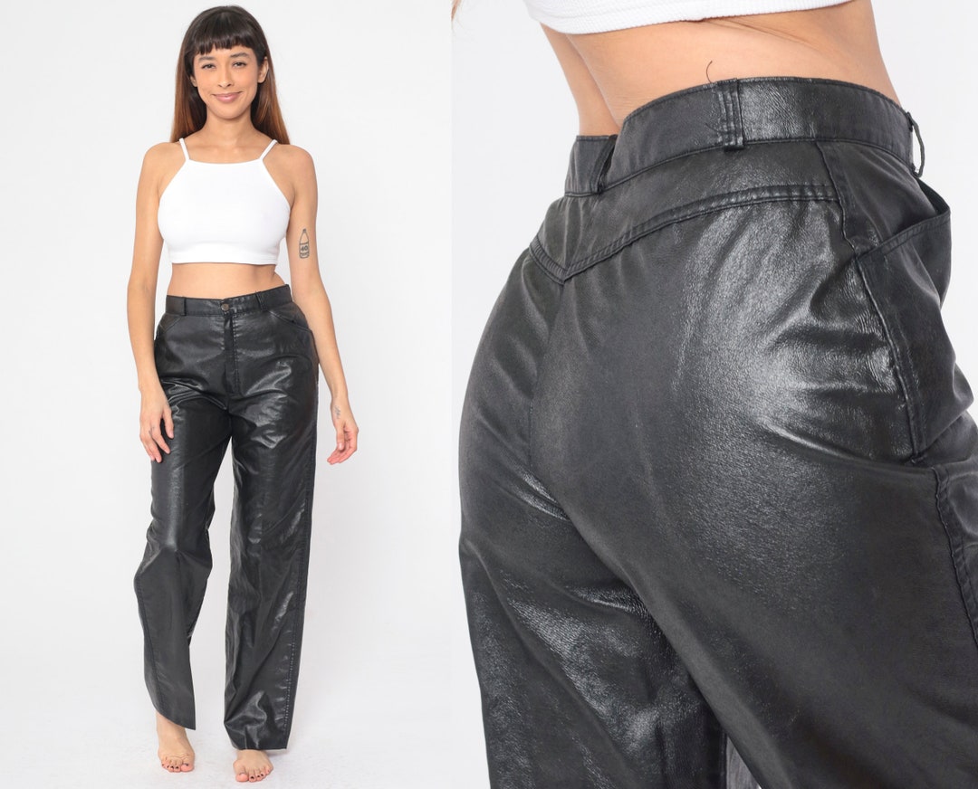 Black Faux Leather Pants 70s Vinyl Trousers Retro High Waisted Rise ...