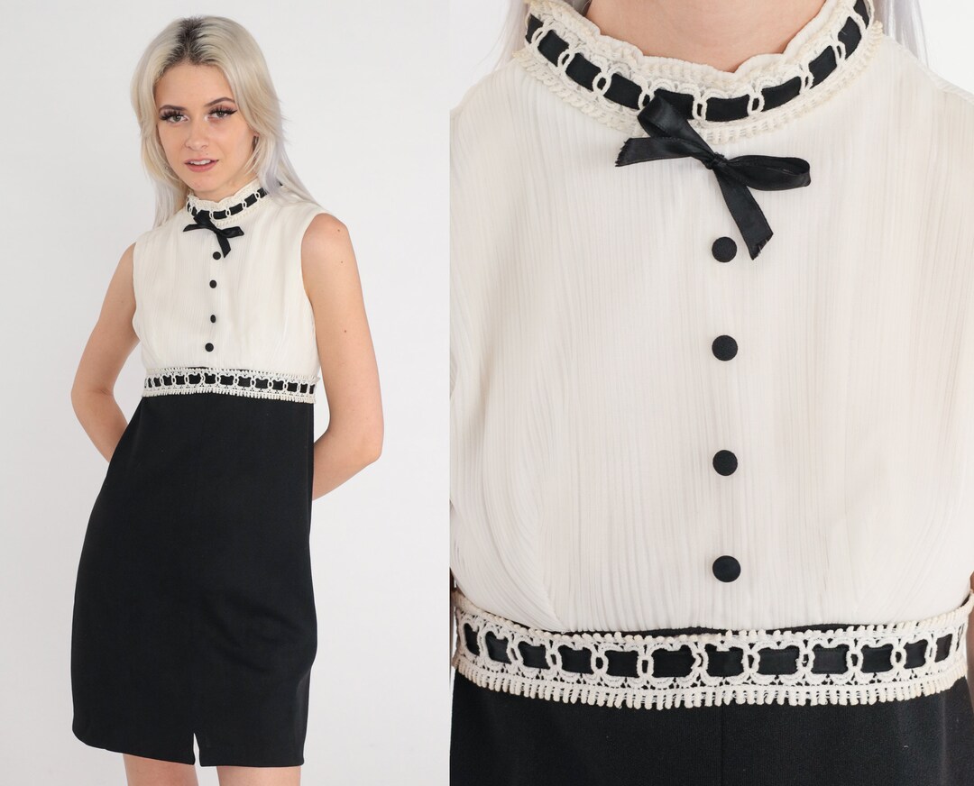 60s Party Dress Black and White Mini Cocktail Dress Ruffled High Neck ...