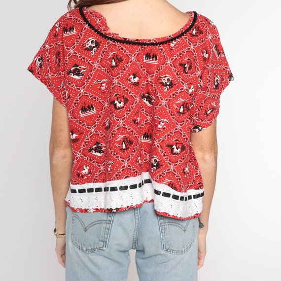 70s Western Blouse Red Bandana Print Top Lace Trim Sh… Gem