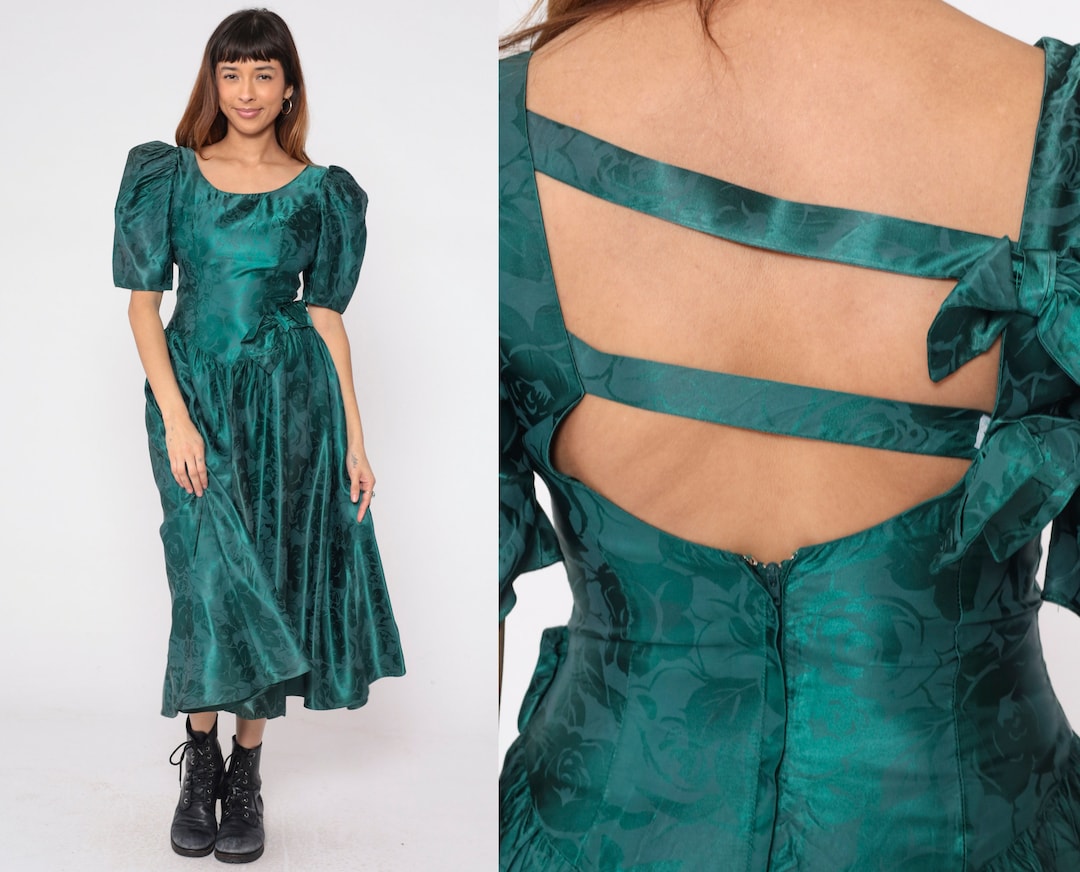 80s Prom Dress Emerald Green Floral Embossed Party Dress Puff Sleeve ...