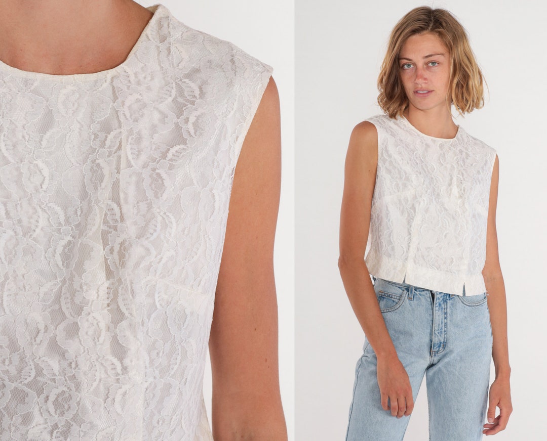 White Lace Tank Top 60s Crop Top Floral Sleeveless Shirt Retro Sixties ...