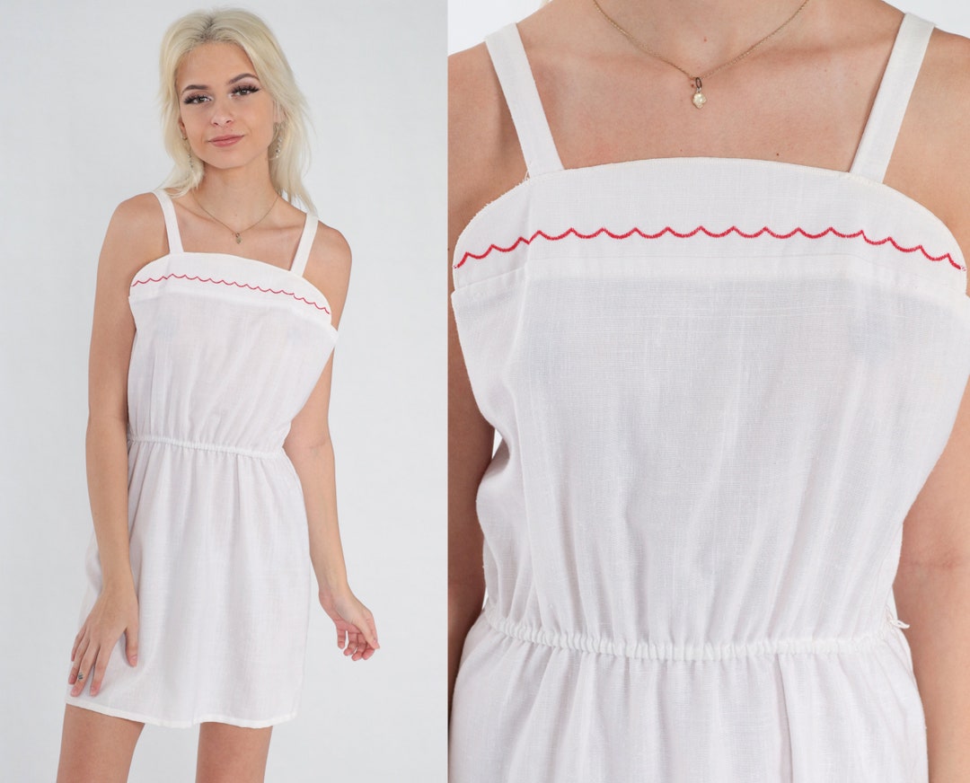 White Mini Dress 70s Sundress Retro Sleeveless Shift Dress Bohemian ...