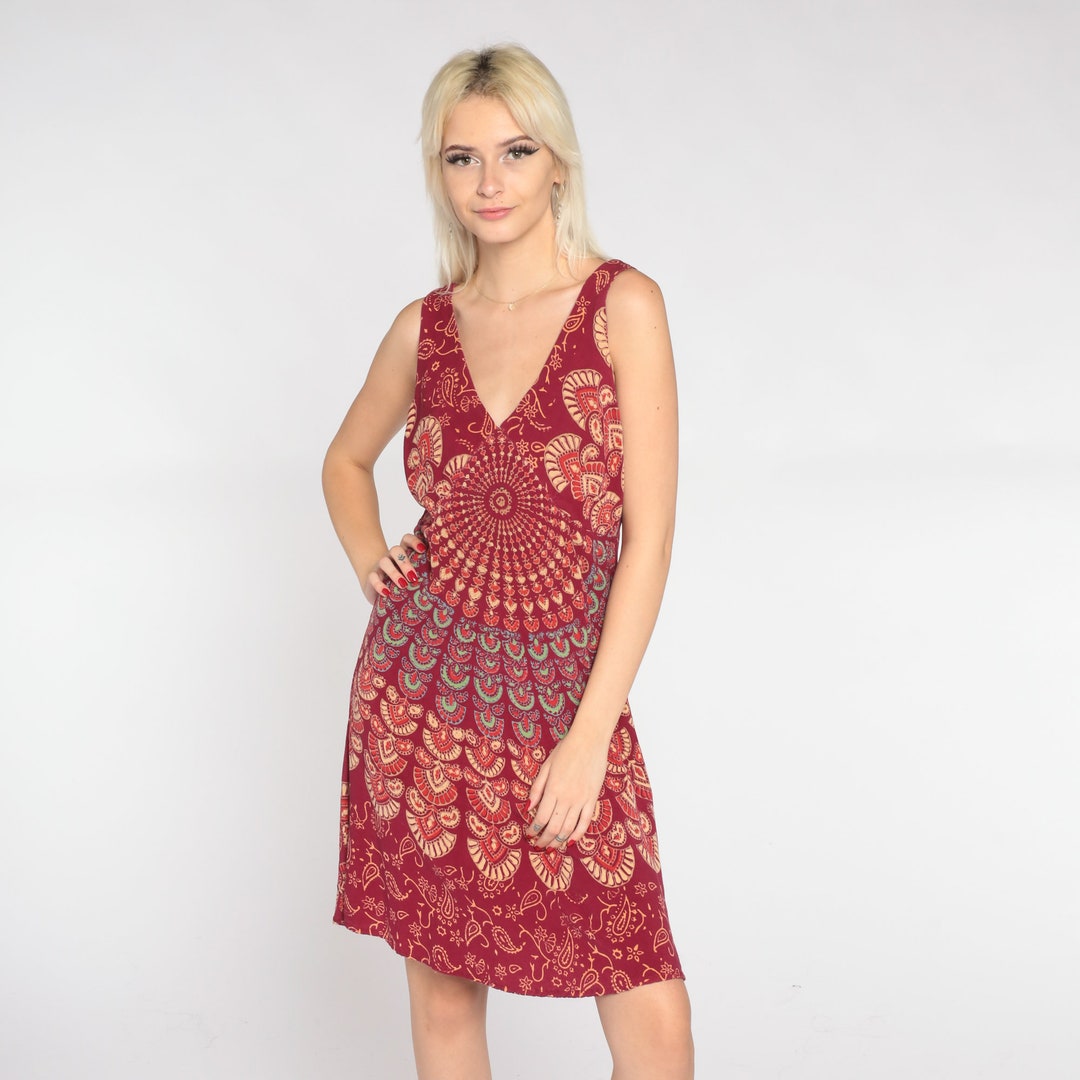 Indian Floral Dress 90s Boho Mini Dress Red Flower Mandala Print Sun ...