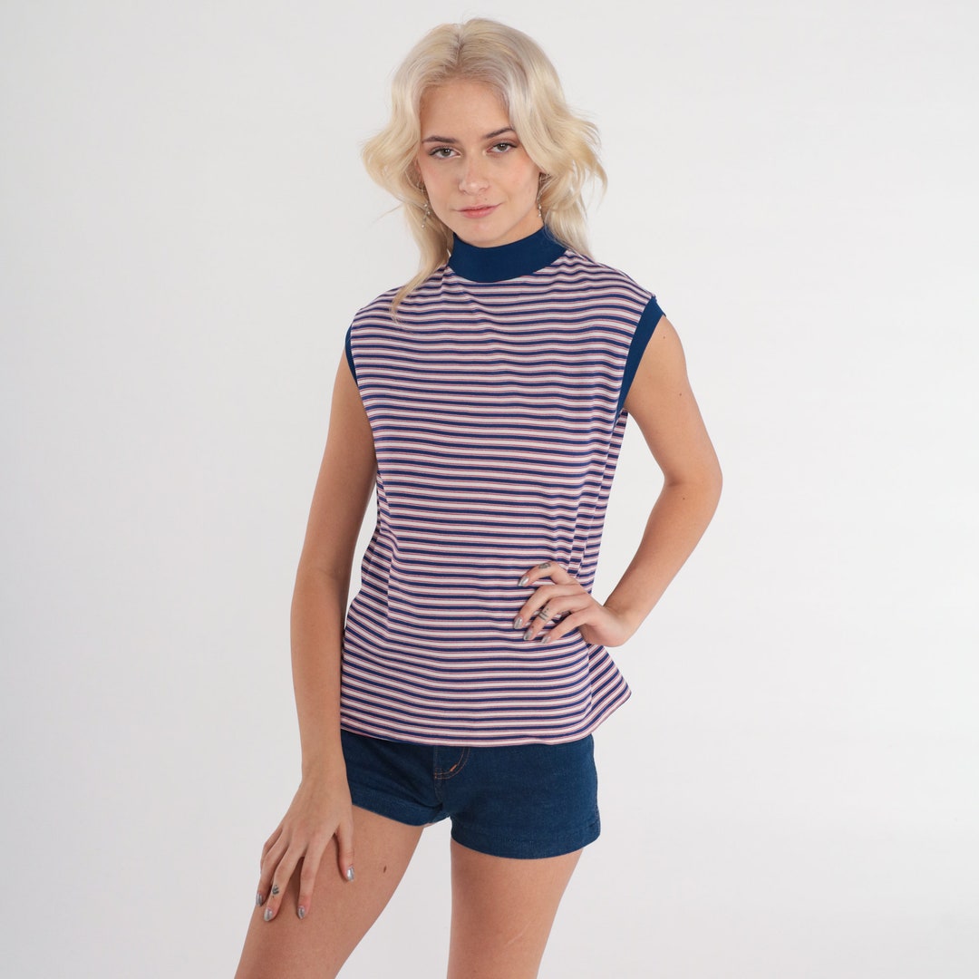 70s Ringer Tank Top Navy Blue Red White Sleeveless Mod Top Mock Neck ...