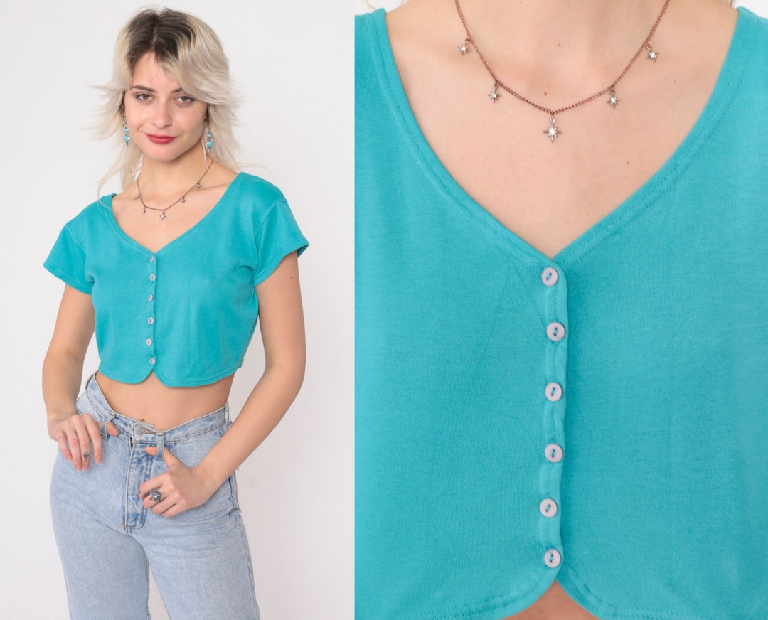 Turquoise Crop Top 90s Cropped Button up Blouse Blue Retro Short Sleeve ...