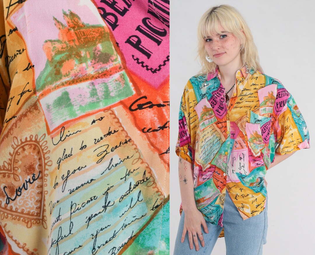 Postcard Shirt 90s Novelty Travel Print Top Colorful Button up Blouse ...