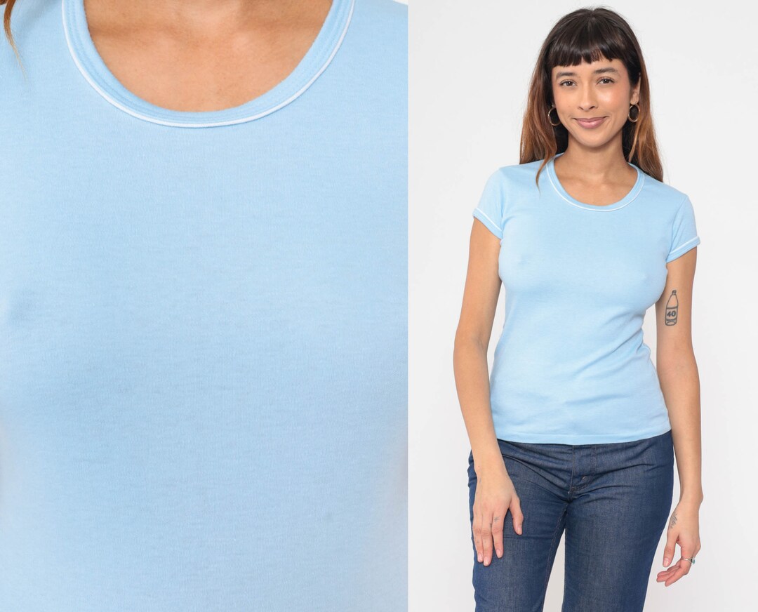 Baby Blue Ringer Tee Shirt 80s Single Stitch Cap Sleeve Top Plain ...