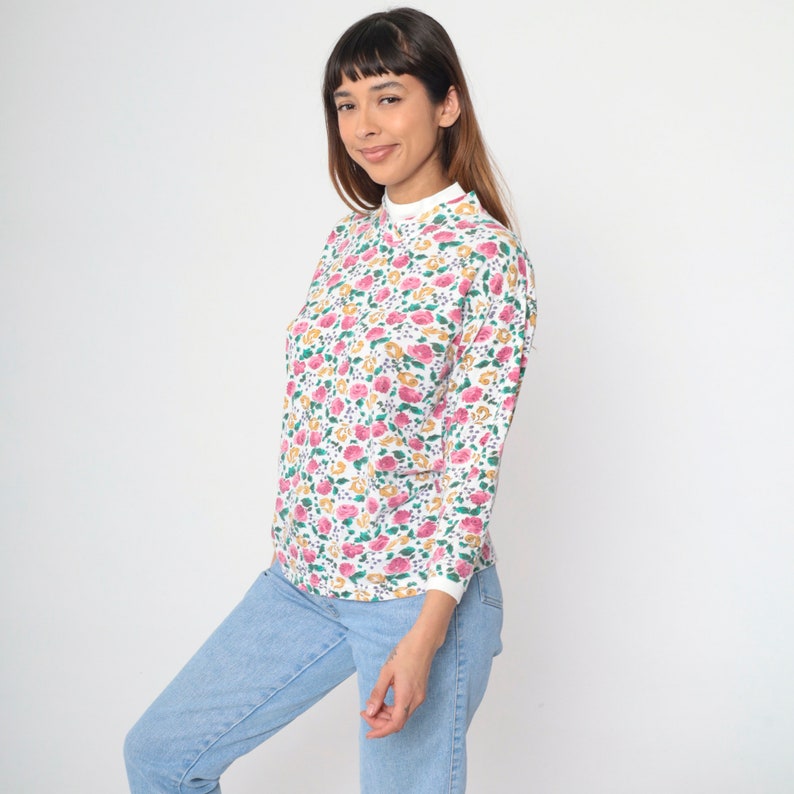 90s Floral Mock Neck Shirt White Rococo Pink Rose Print T-shirt Long ...