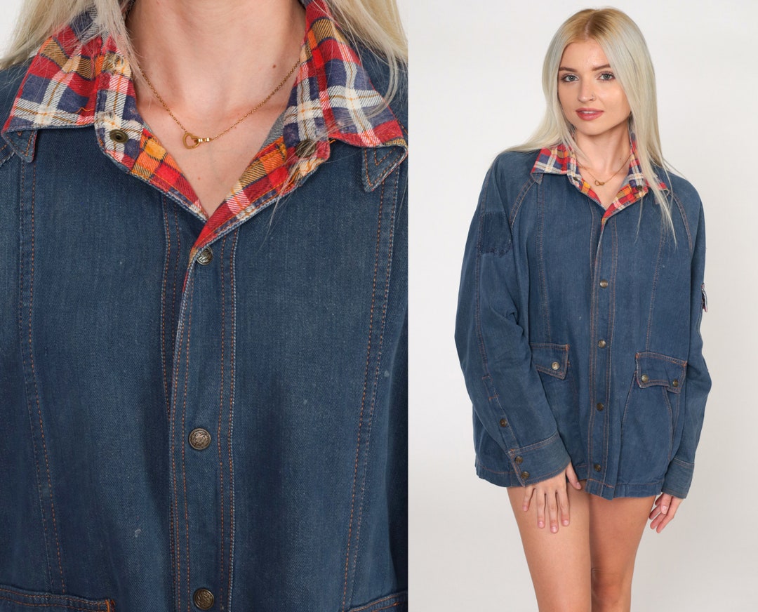 70s Denim Jacket Plaid Trim Jean Jacket Dark Blue Raglan Sleeve Vintage ...