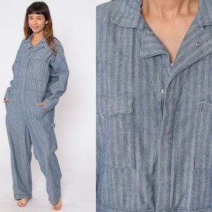 Striped Coveralls 80s Dickies Denim Jumpsuit Boilersuit Snap Zip up ...