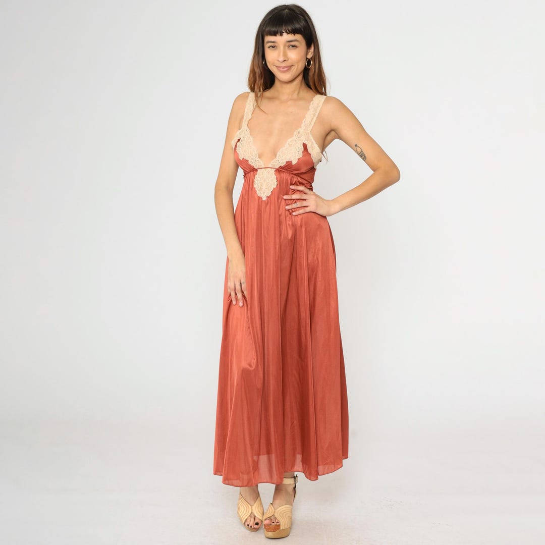 70s Rust Lace Nightgown Slip Dress Maxi Plunging Neckline Boho Lingerie ...