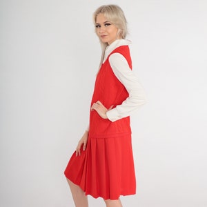 Pleated Mod Dress Red 60s 70s Scooter Dress Cable Knit Vest Nerdy Shift ...