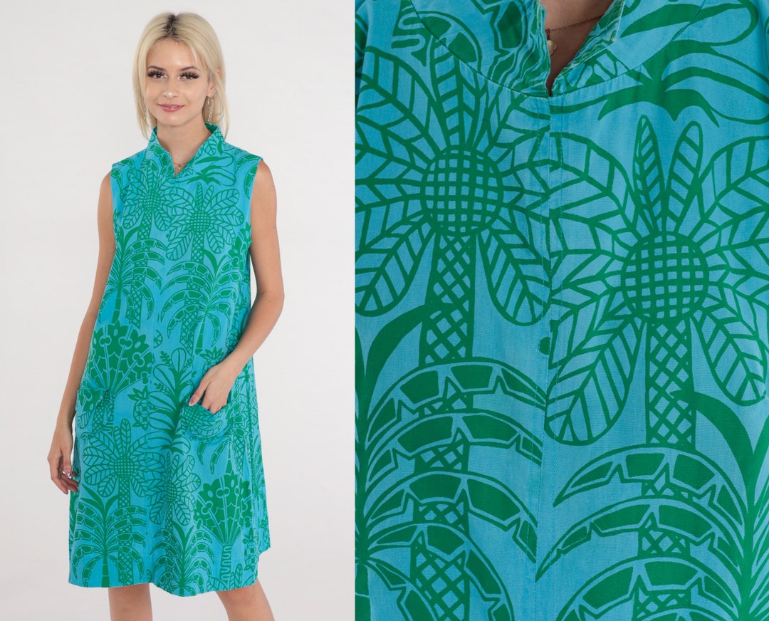 60s Mod Dress Tropical Ruth Clarage Jamaica Dress Blue Palm Tree Floral ...