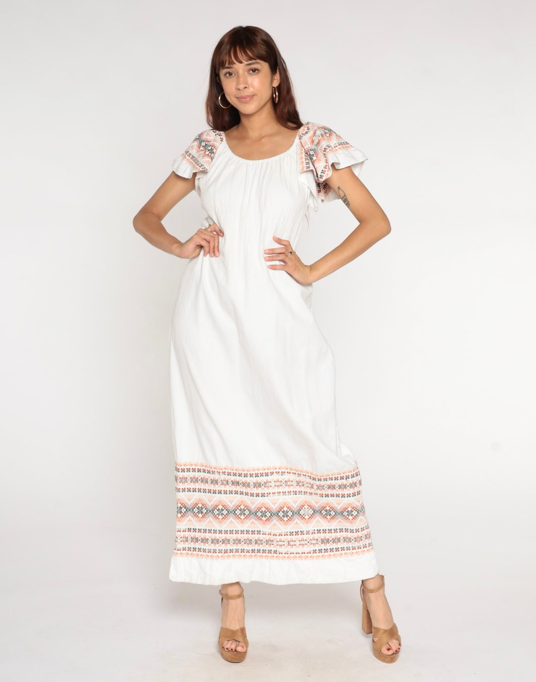 White Mexican Dress 90s off Shoulder Peasant Flutter Sleeve Cottagecore ...