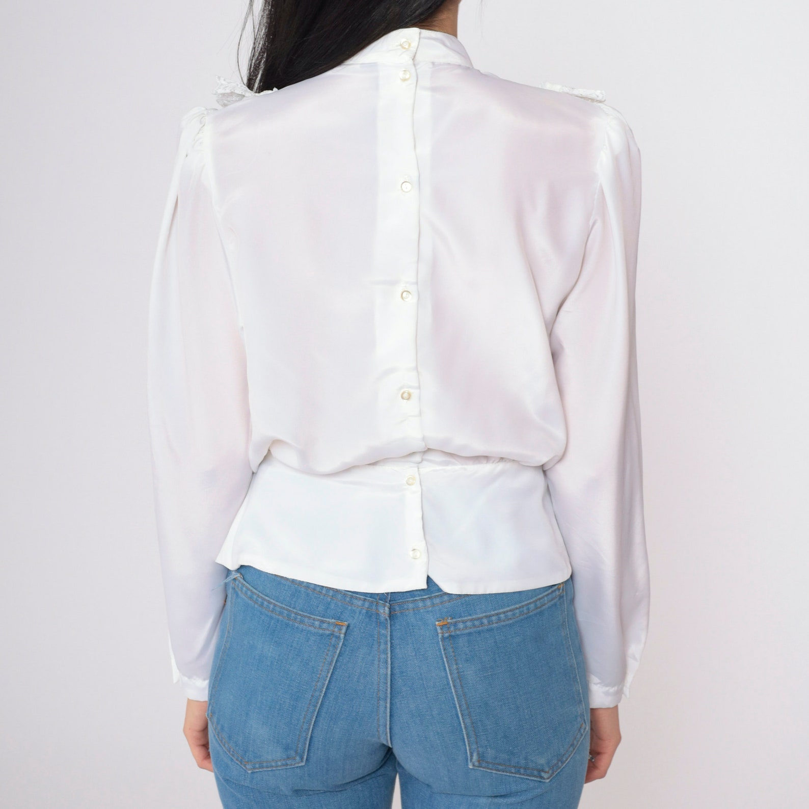 White Tuxedo Blouse 80s Jabot Blouse Boho Ruffled Lace Top Button Back ...