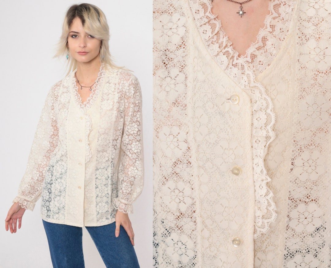 Cream Sheer Lace Blouse 70s Button up Shirt Tuxedo Ruffle Collar Shirt ...