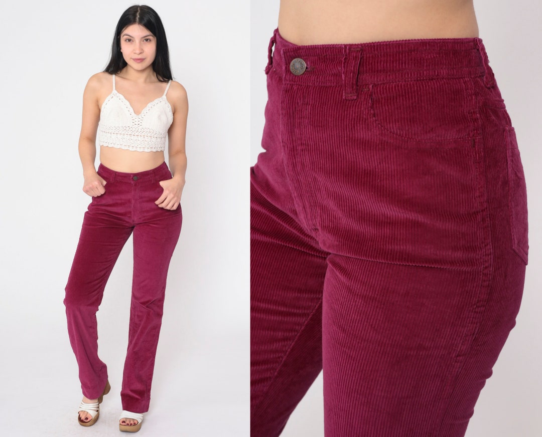 Berry Red Corduroy Pants 80s Trousers Mid Rise Pants Straight Leg Retro ...