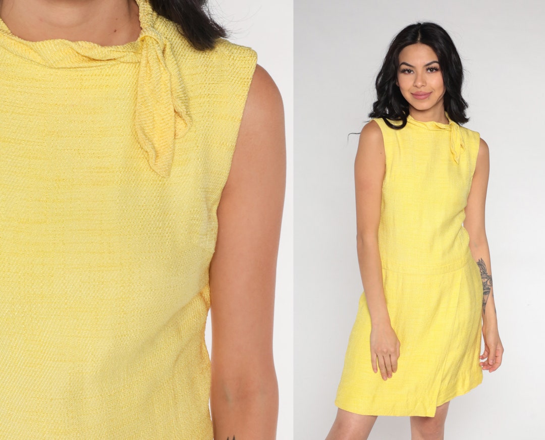 Yellow Ascot Dress 60s Mod Mini Dress Sleeveless Shift Retro Simple ...