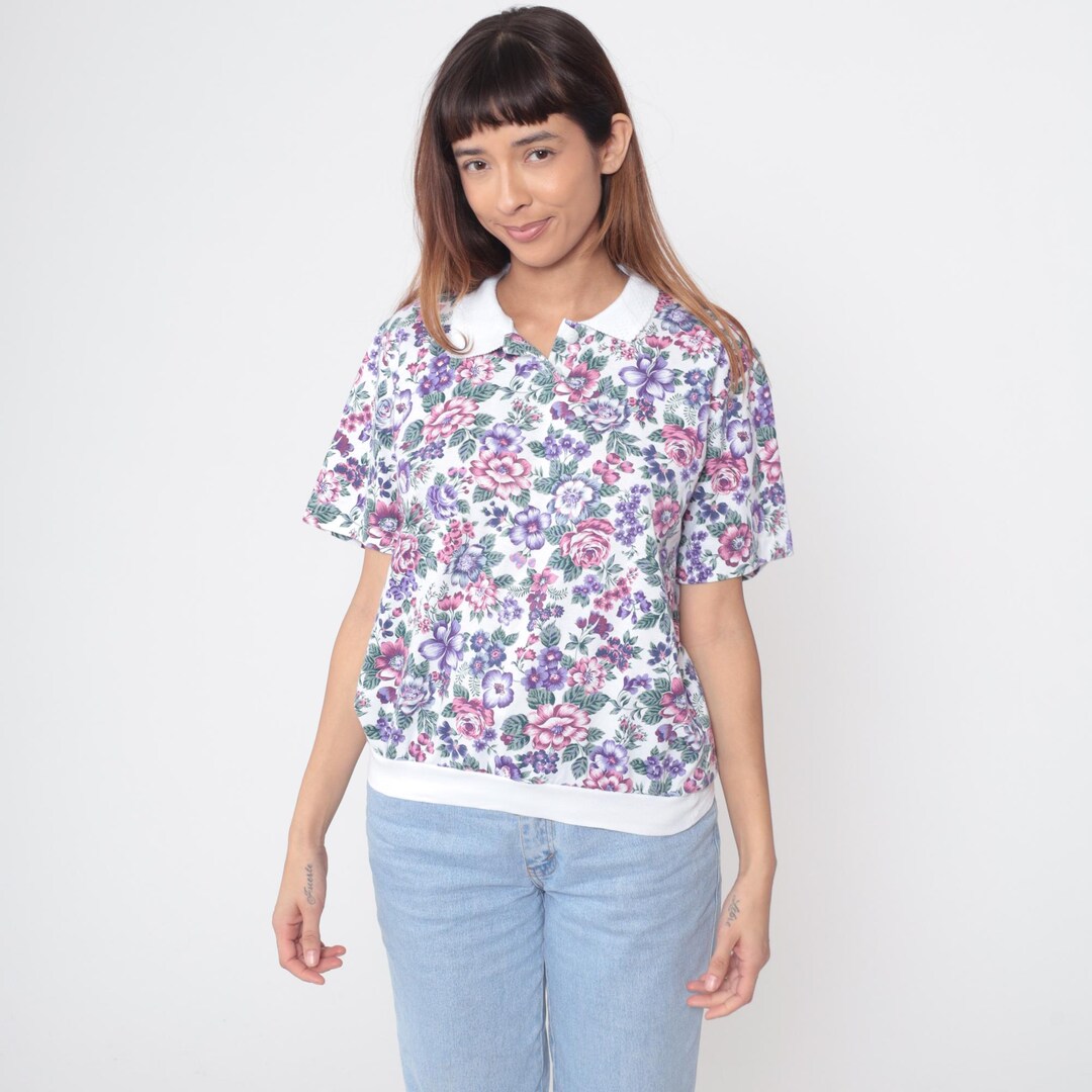 Floral Polo Shirt 90s Cascade Blues Cottagecore Romantic Purple Pink ...