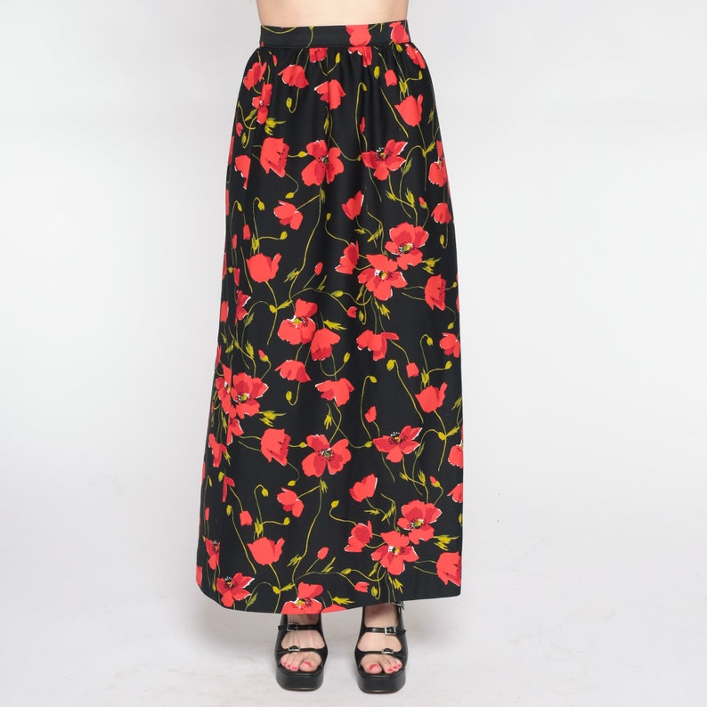 90s Floral Skirt Black Red Poppy Skirt 90s Maxi Boho Straight - Etsy