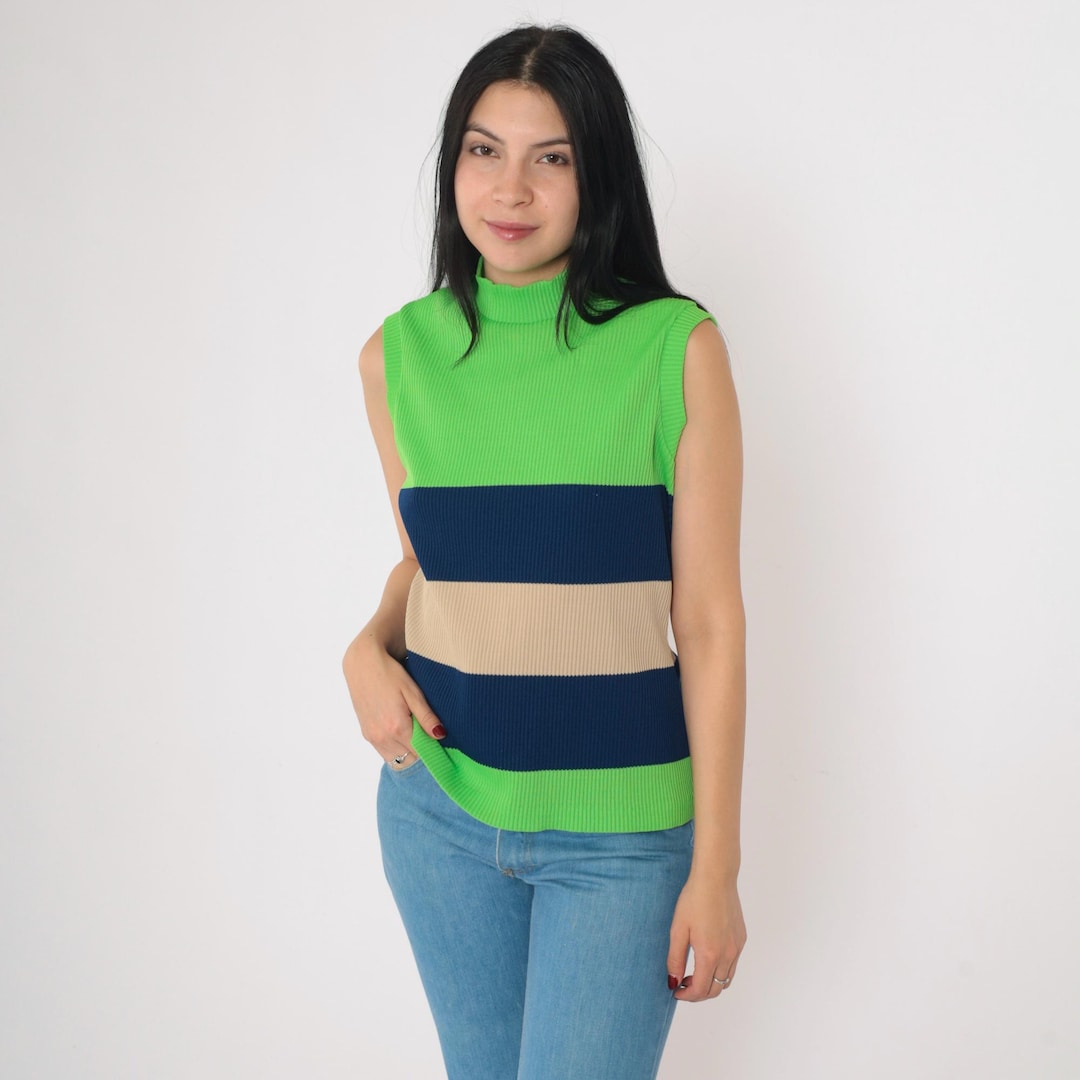 Vintage 70s Mod Tank Top Lime Green Striped Shirt Mock Neck Ribbed Knit ...