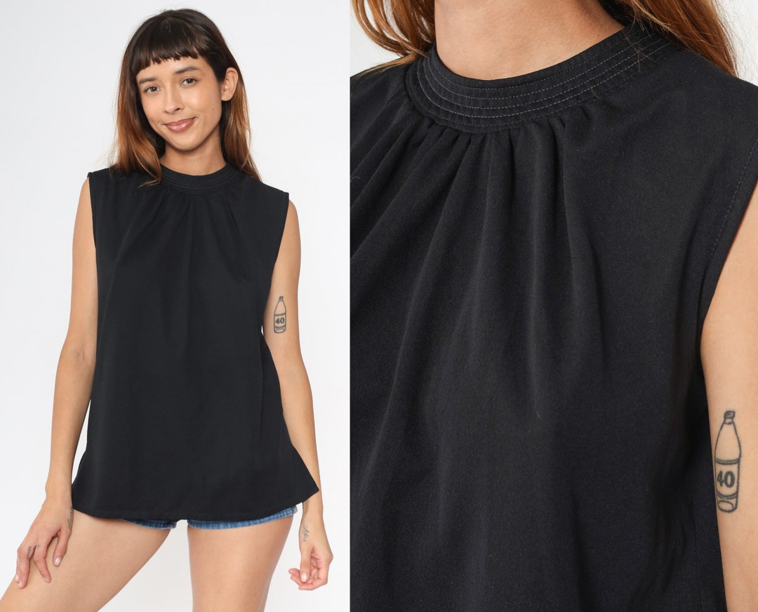 Mod Tank Top 70s Black Draped Sleeveless Shirt Retro Tank Top Boho ...