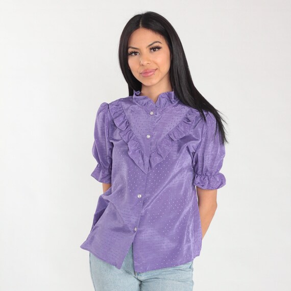Purple Ruffle Blouse 80s Puff Sleeve Button Up Top Re… - Gem