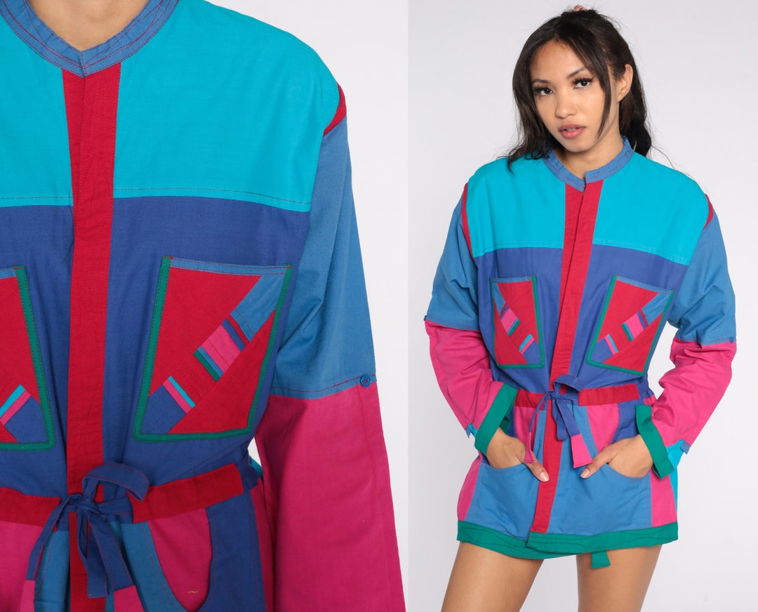 Bright Reversible Jacket 90s Color Block Open Front Jacket Tie Belt ...