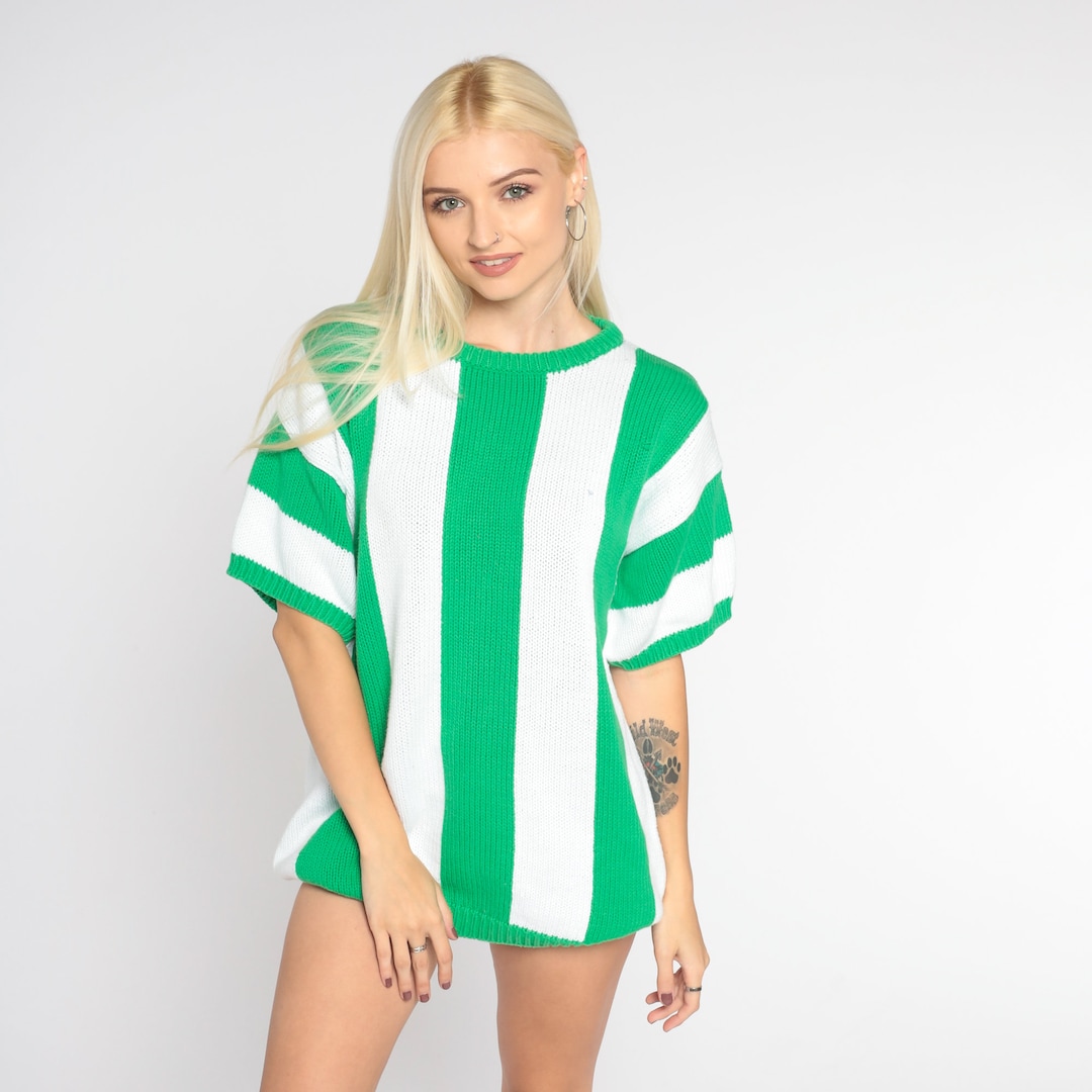 Vintage Striped Knit Shirt 90s White Green Short Sleeve Sweater Top ...