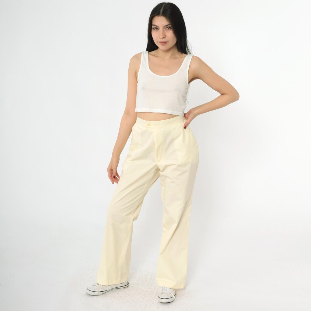 Vintage Yellow Straight Leg Pants 80s Elastic Waist Trousers High ...